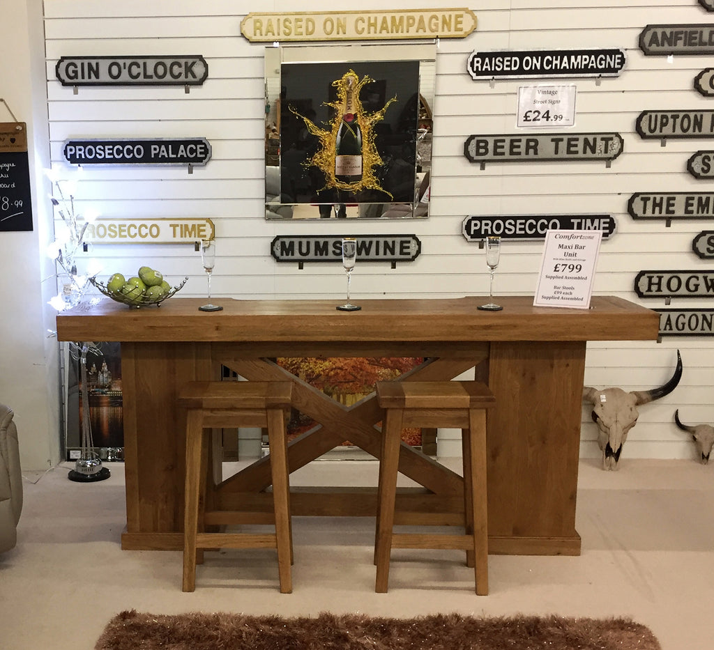 Reclaimed Oak Maxi Bar Table with Inbuilt Wine Rack & Storage ...